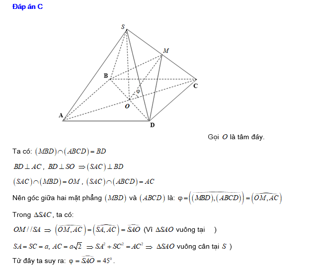 Cho hình chóp đều S.ABCD có tất cả các cạnh bằng a. Tính góc giữa hai mặt phẳng (MBD) và (ABCD)